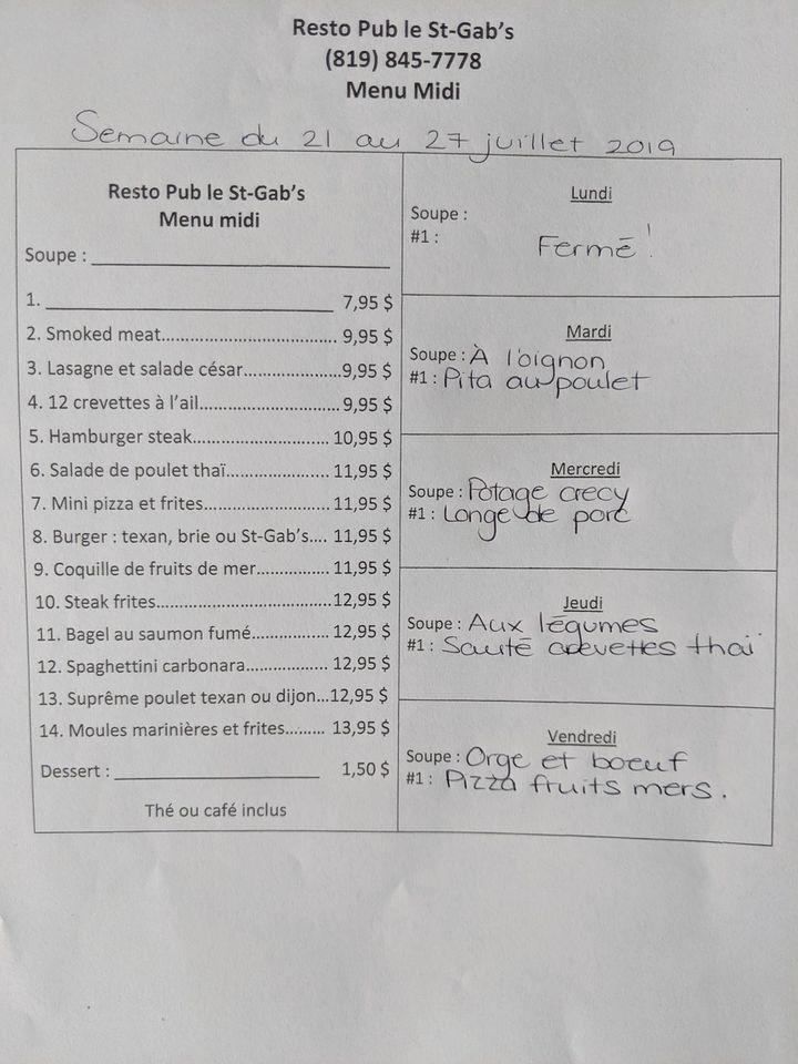 Menu au Resto-Pub St-Gab's, Windsor
