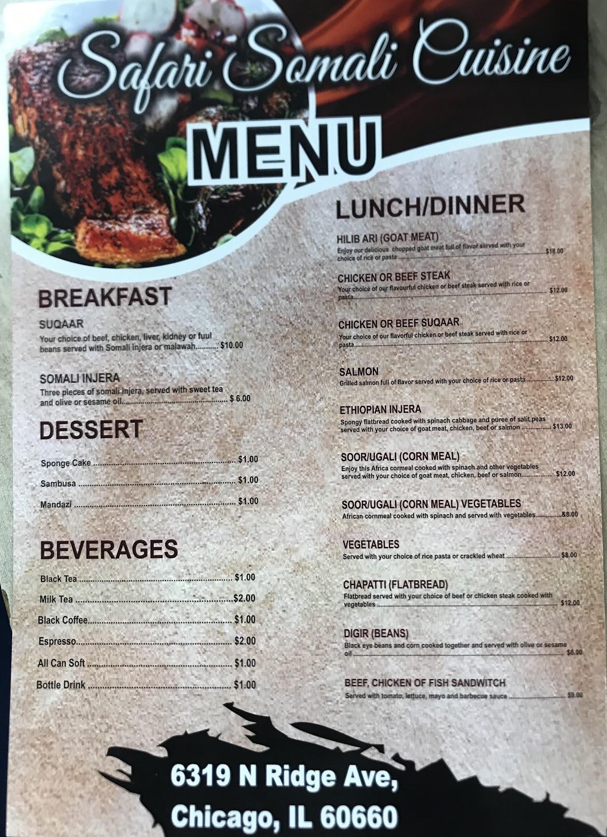 Menu at Safari Somali Cuisine restaurant, Chicago