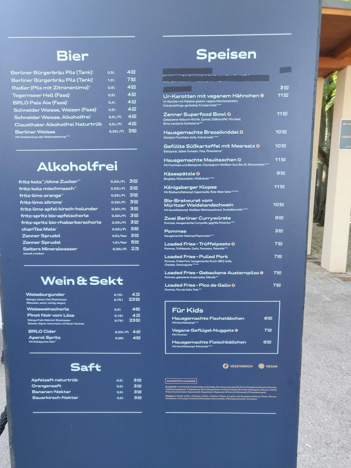 Speisekarte von Zenner Biergarten und Weingarten restaurant, Berlin