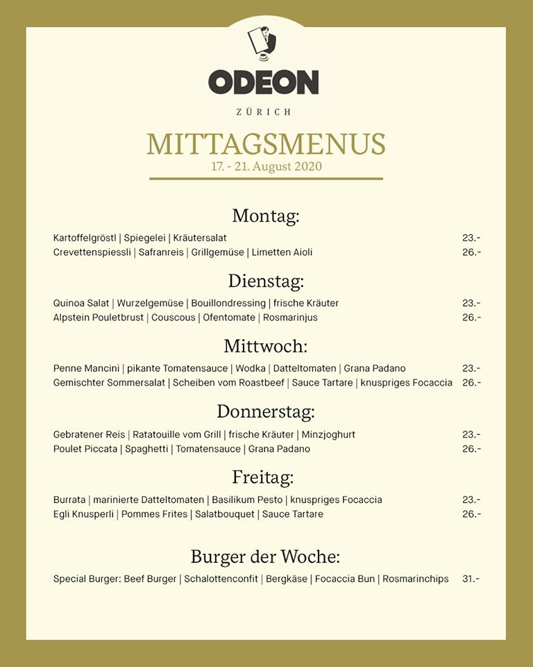 Menu at Café Bar ODEON, Zürich