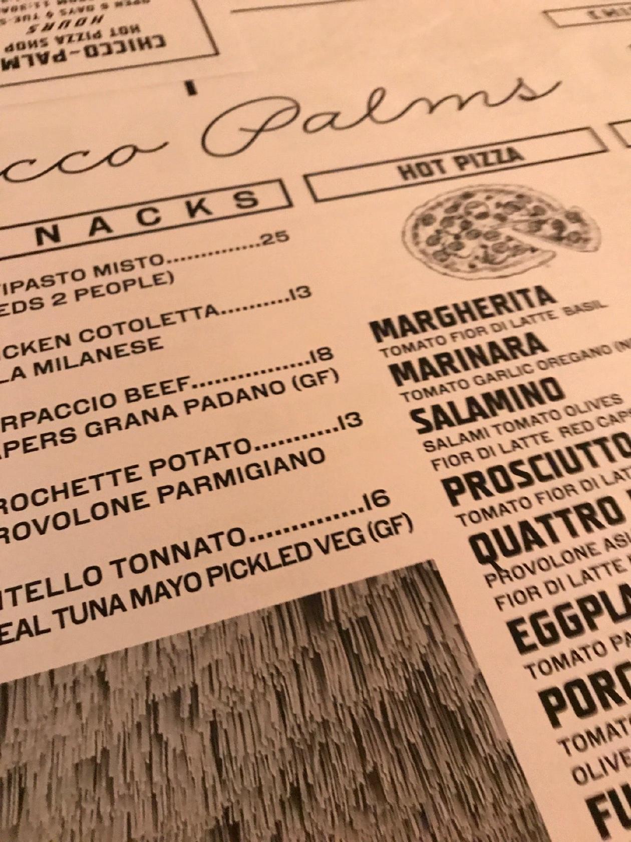 Menu at Chicco Palms pizzeria, Brooklyn Park