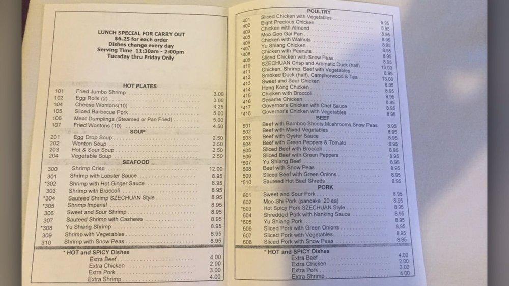 Menu at Chung Ching Restaurant, Cincinnati
