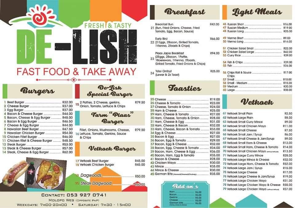 Menu at De-lish Take Away restaurant, Vryburg