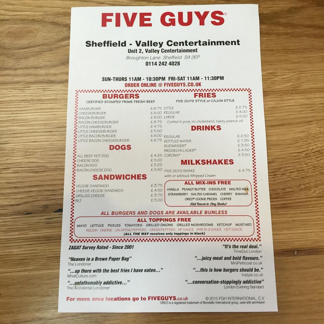 Menu at Five Guys Sheffield Valley fast food, Sheffield, Unit 2