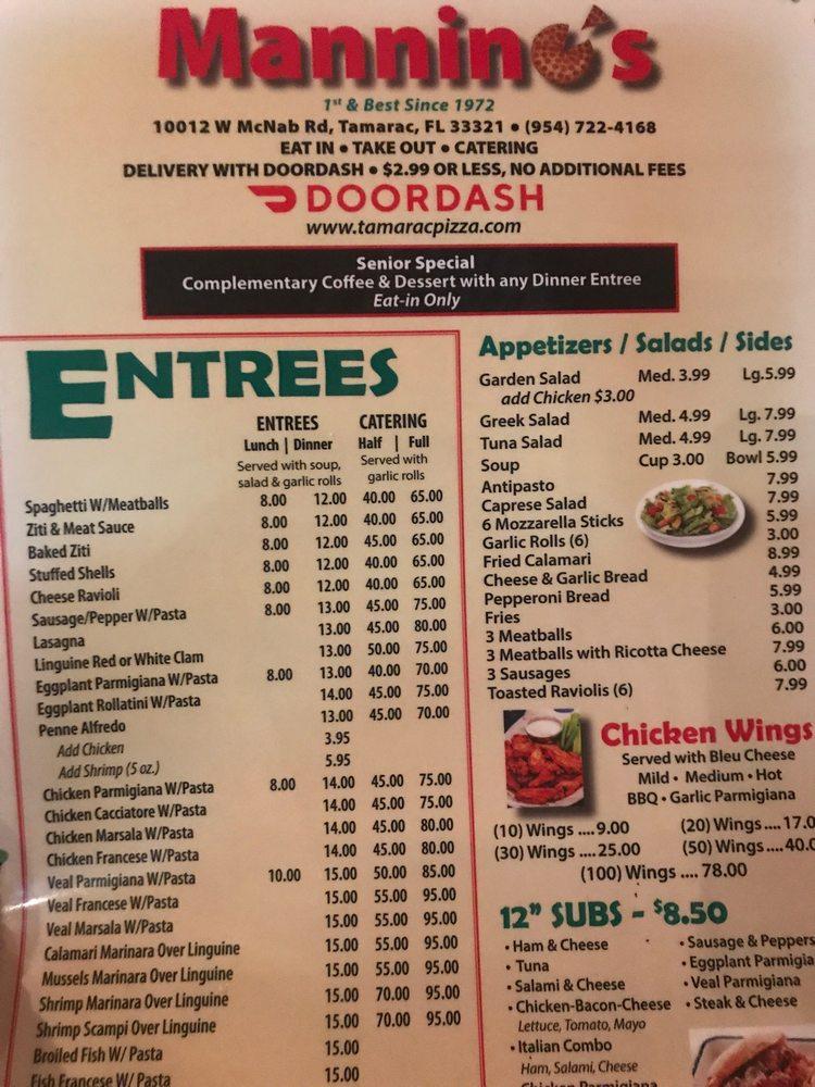 Menu at Mannino's Italian Restaurant and Pizzeria, Tamarac