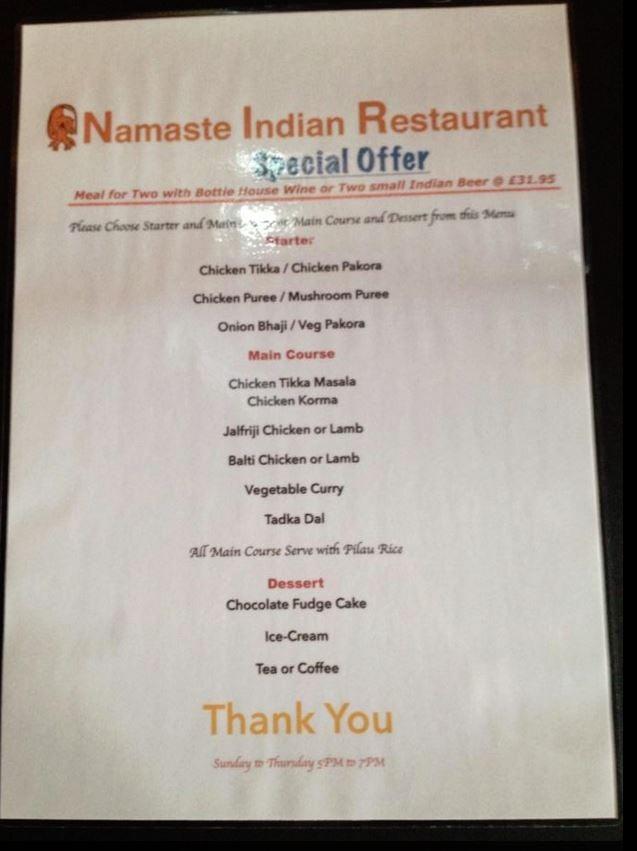 Menu at Namaste Indian Restaurant, Ballyclare