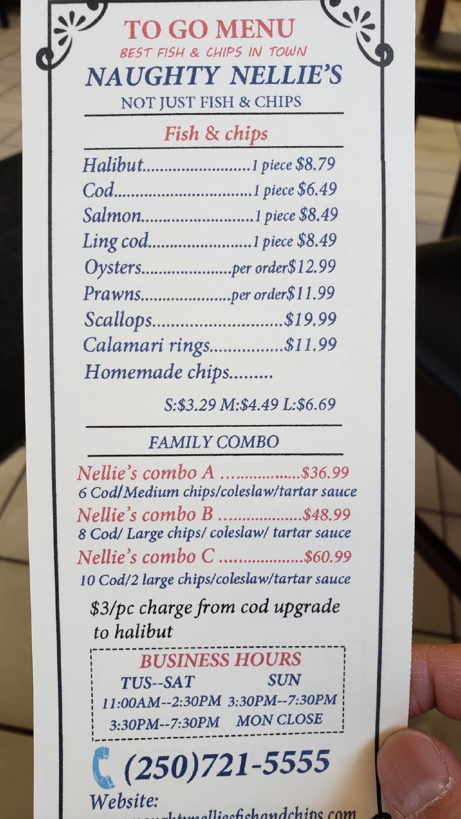 Menu at Naughty Nellie's Not Just Fish & Chips restaurant, Victoria