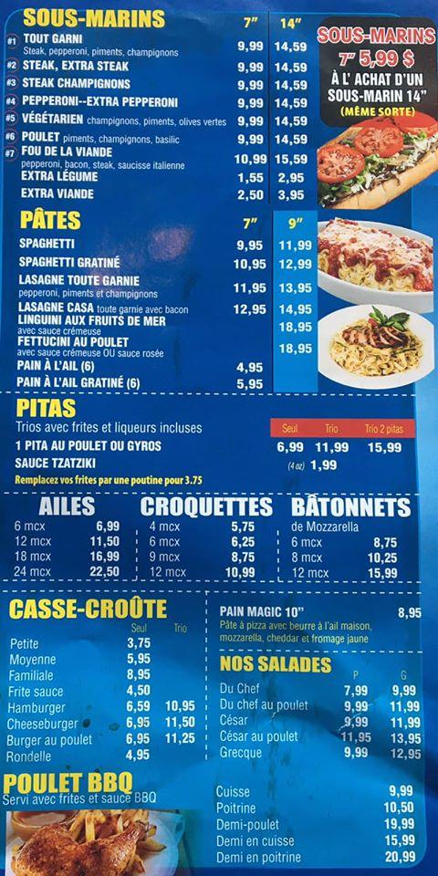 Menu au Restaurant Salut Québec, Richelieu
