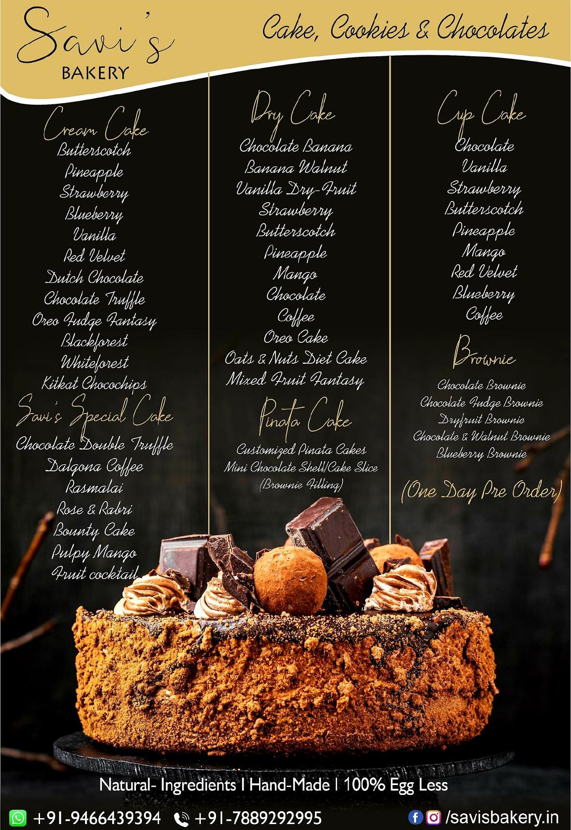 Menu at Savi's Bakery, Zirakpur