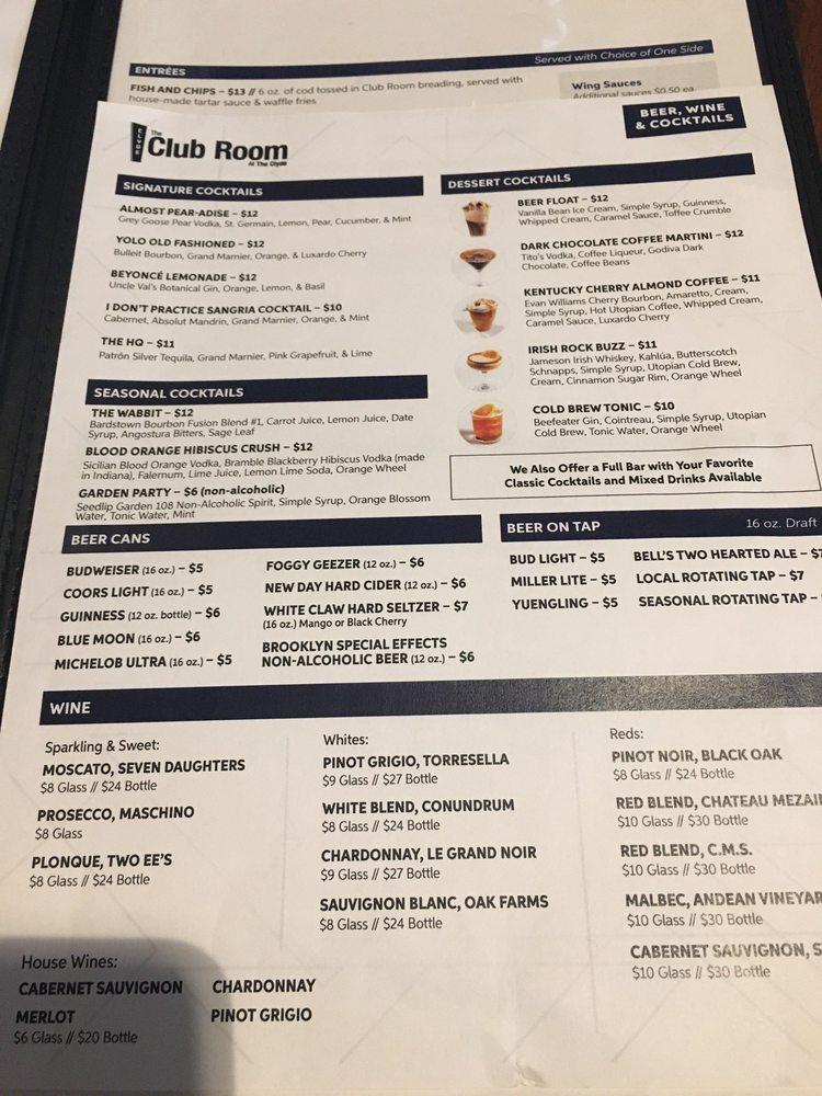 Menu at The Club Room at The Clyde, Fort Wayne, Bluffton Rd