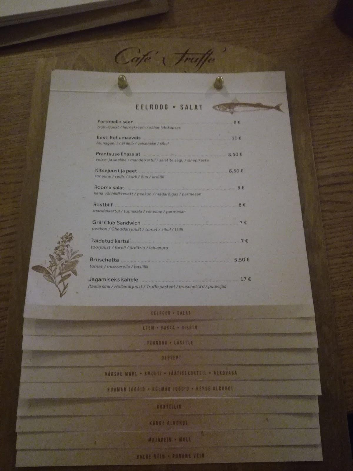 Menu at Truffe restaurant, Tartu