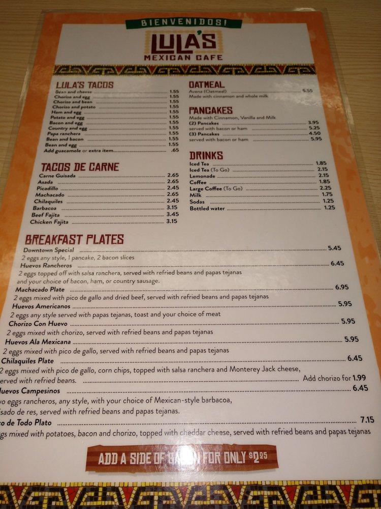 Menu at Lula's Mexican Cafe, San Antonio, 115 E Travis St #104