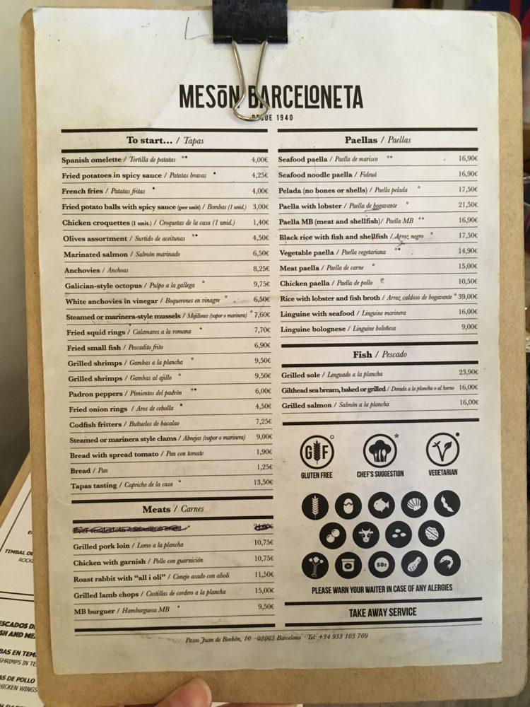 Carta de MESON BARCELONETA, Barcelona, Passeig Joan de Borbo