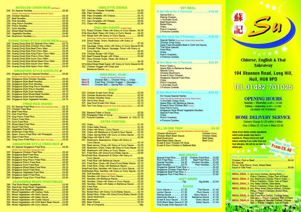 Menu at Su Chinese Takeaway fast food, Hull