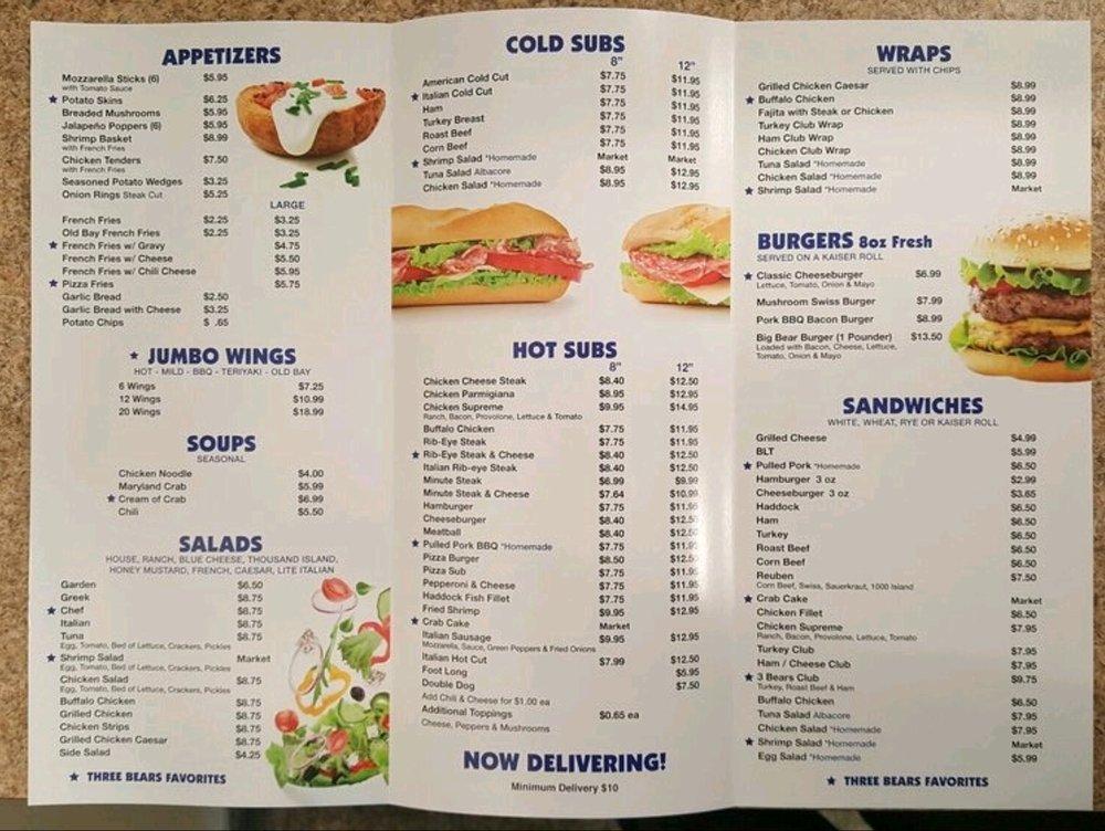 Menu at Three Bears Carry Out cafe, Baltimore