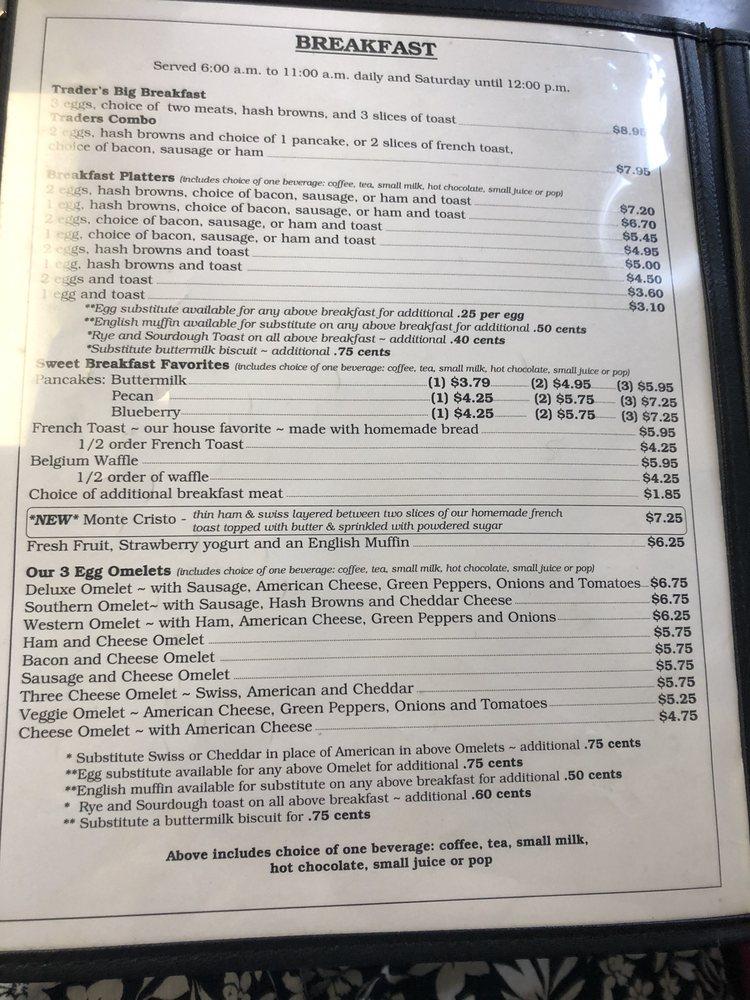 Menu at Trader's Cafe, Lancaster