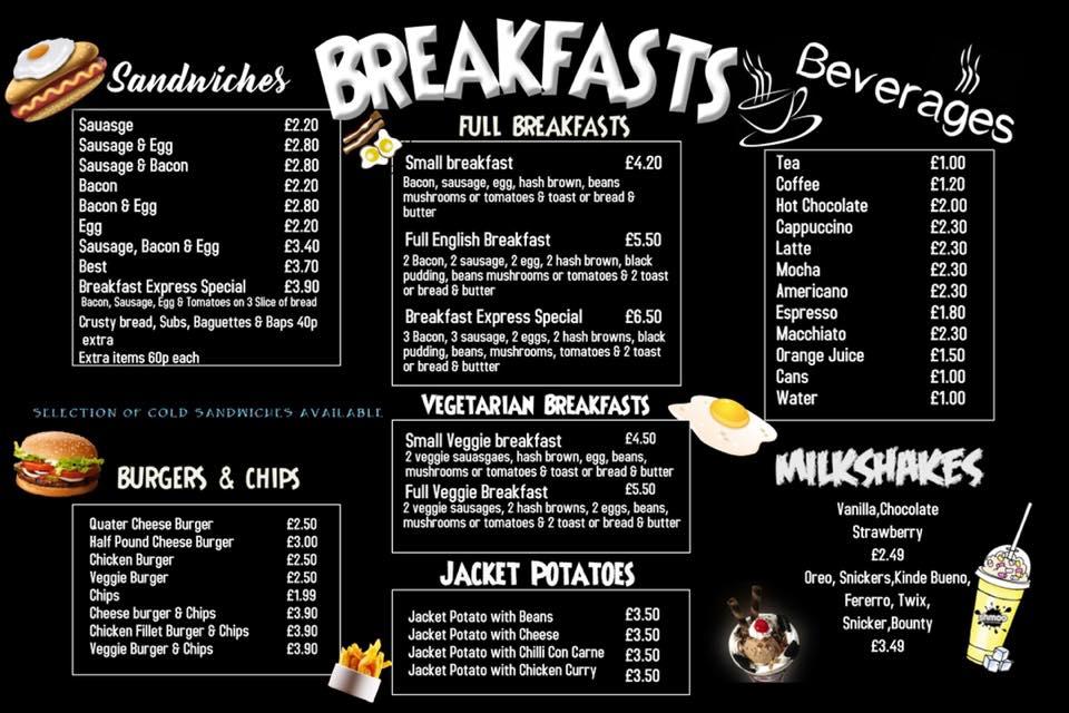 Menu at Breakfast Express cafe, Sutton Coldfield