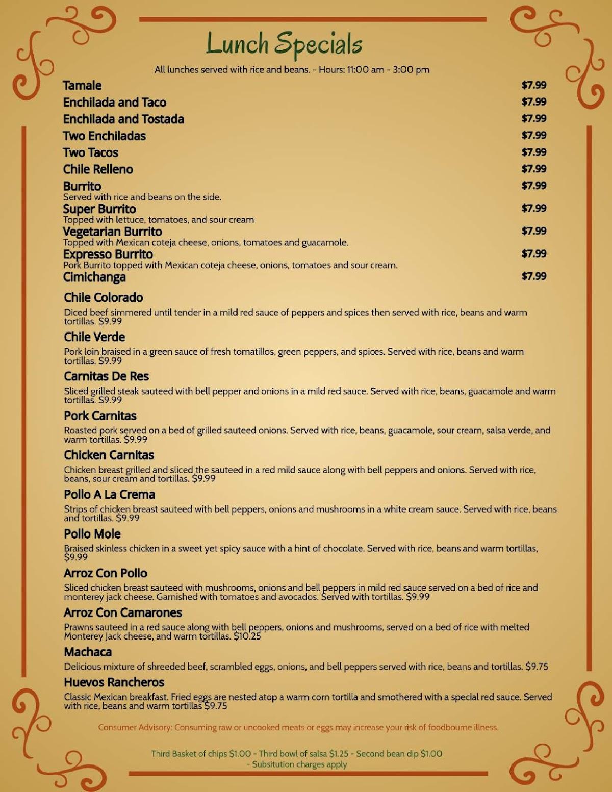 Menu at Colonial Mexican Restaurant, Coquille