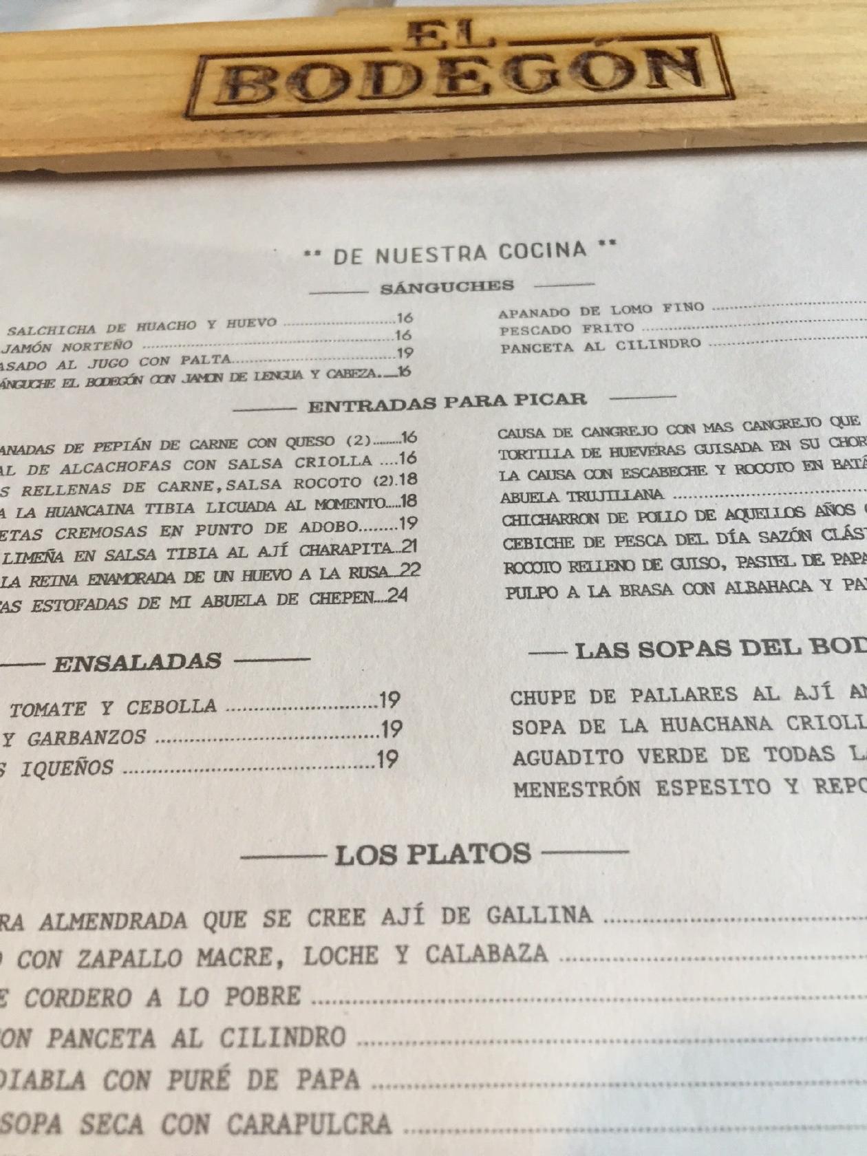 Menu at El Bodegon de Miraflores restaurant, Miraflores, C. Tarapacá 197