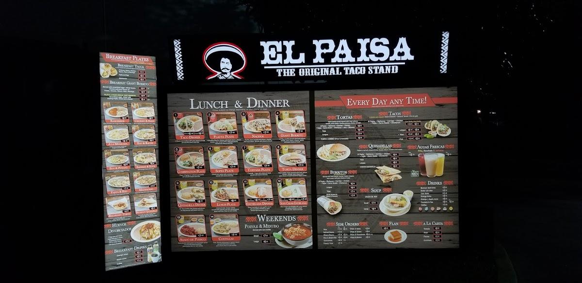 Menu at El Paisa Cocina Mexicana restaurant, Fort Worth