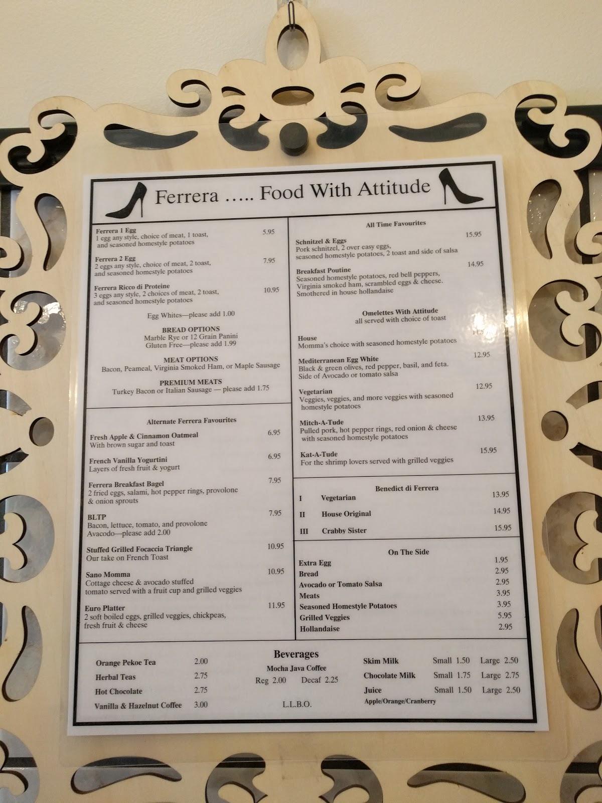 Menu at Ferrera restaurant, Simcoe