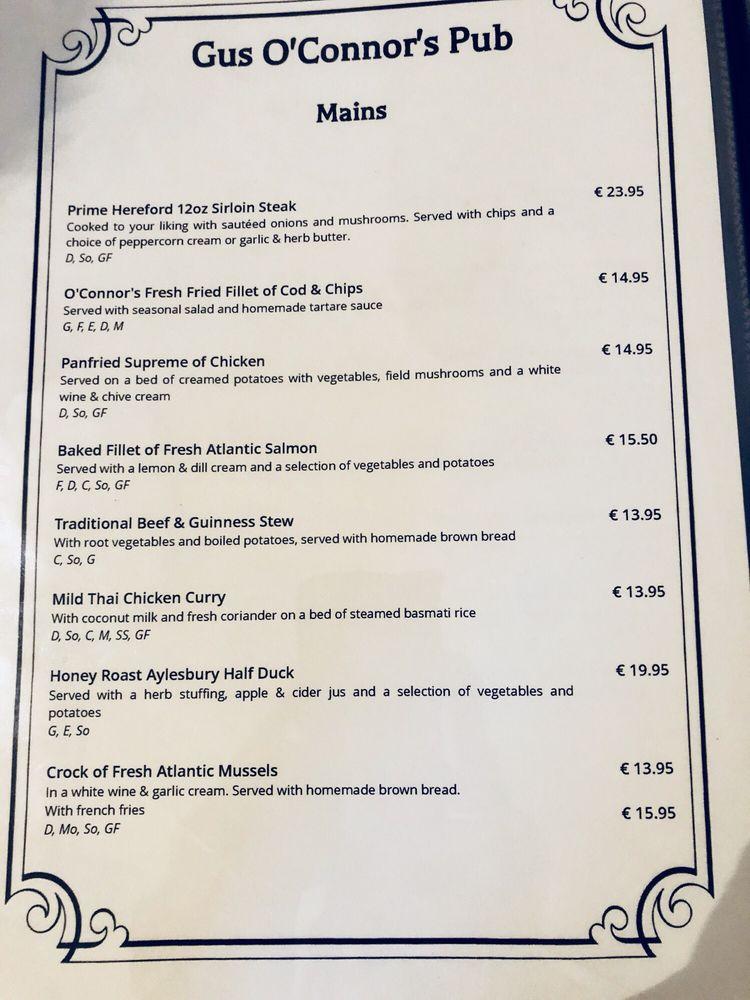 Menu at Gus O'Connor's Pub, Doolin