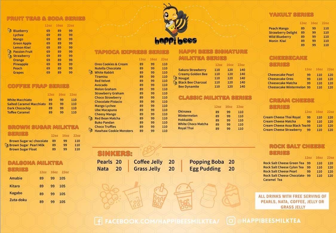 Menu at Happi Bees Milk Tea House, Quezon City