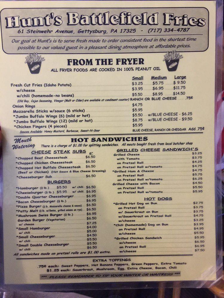 Menu at Hunt's Battlefield Fries cafe, Gettysburg