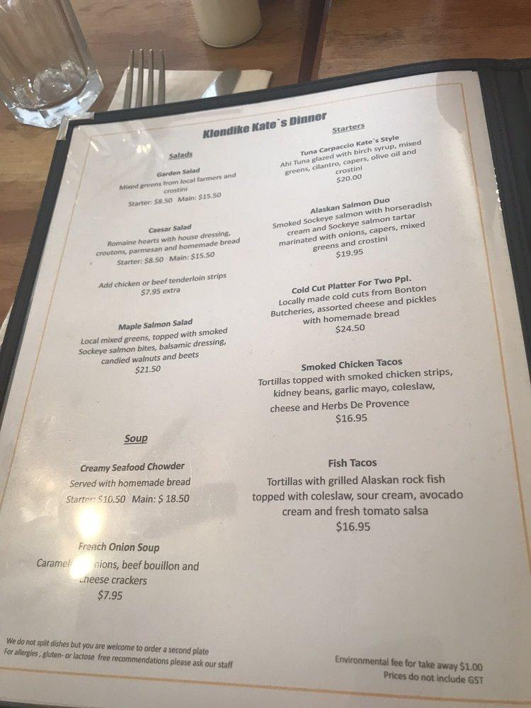 Menu at Klondike Kate's Restaurant, Dawson