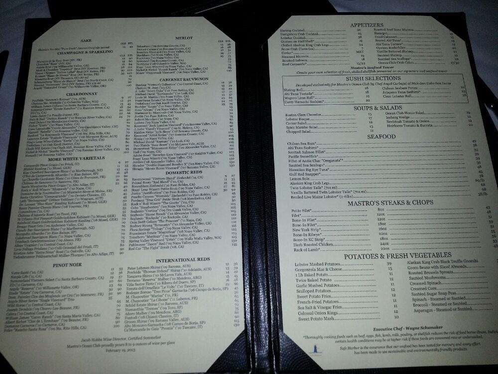 Menu at Mastro's Ocean Club, Las Vegas