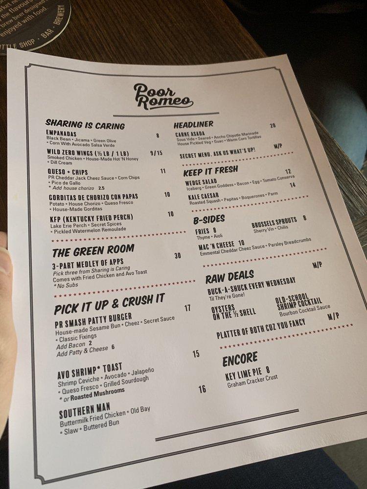 Menu at Poor Romeo pub & bar, Toronto