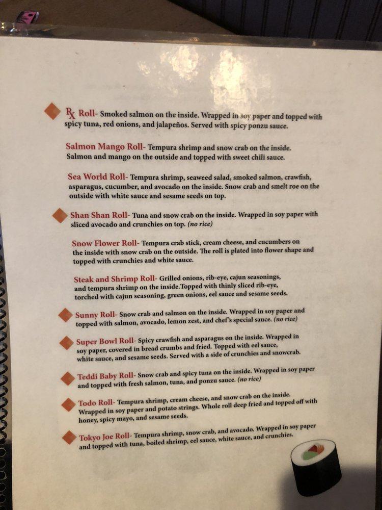 Menu at Taste of Tokyo restaurant, Destrehan
