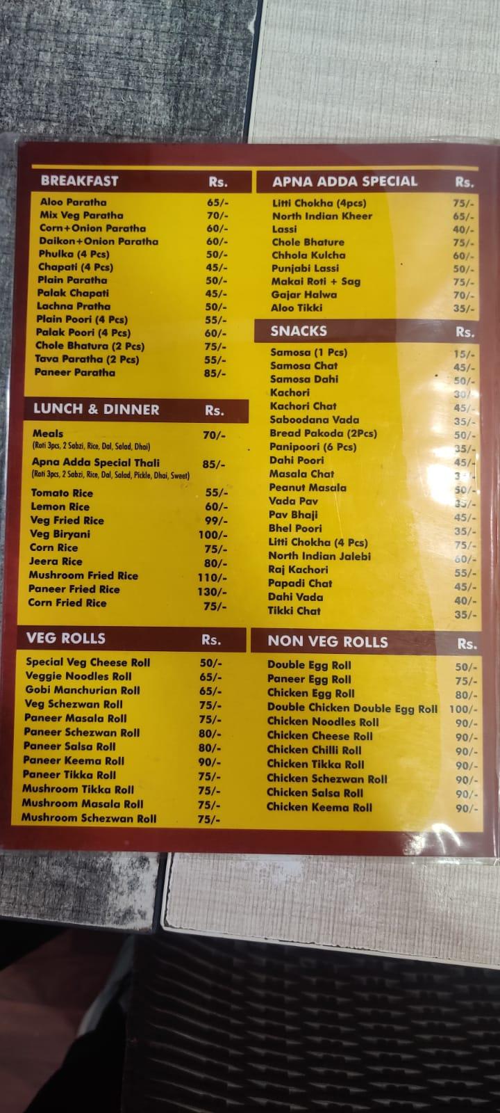Menu at APNA ADDA, Bengaluru