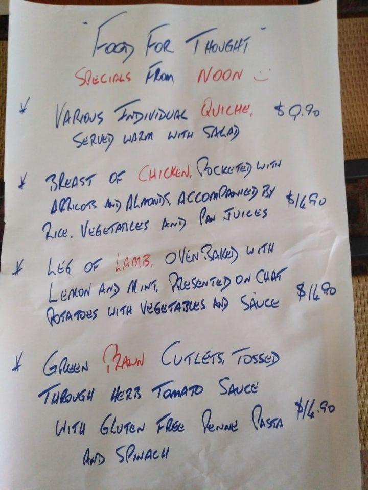 Menu at Food for Thought Cafe, Yeppoon