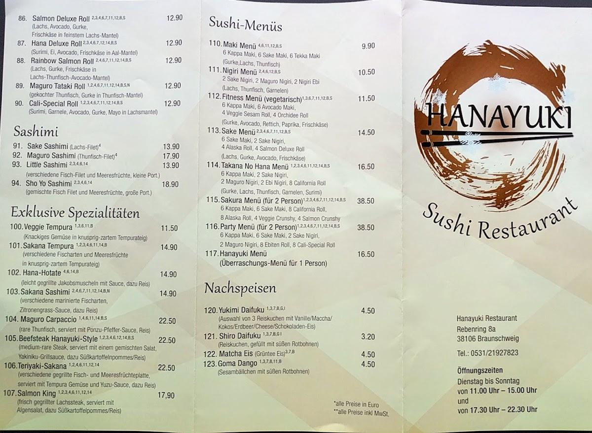 Menu at Hanayuki Sushi Restaurant, Brunswick