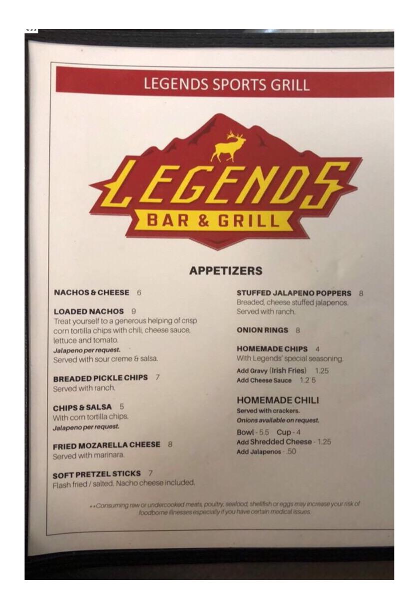 Menu at Legends Sports Bar And Grill, Maggie Valley