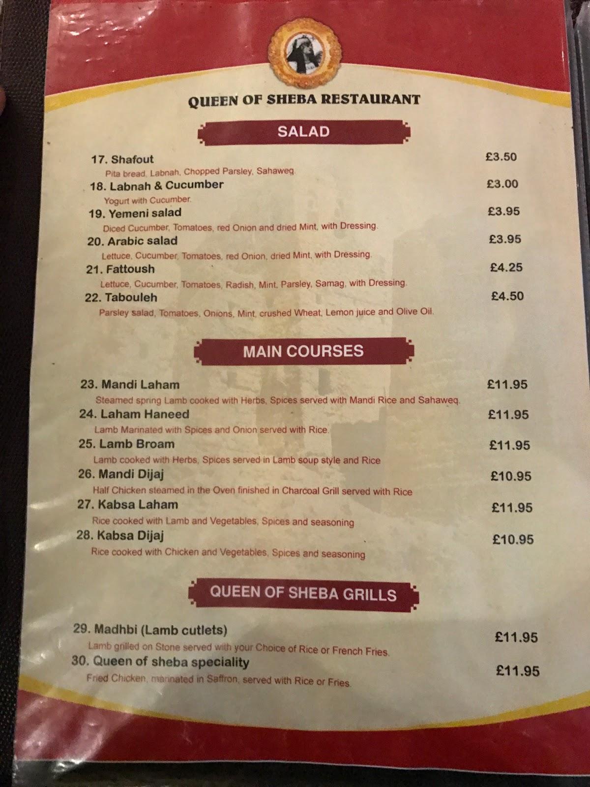 Menu at Saba Restaurant, London
