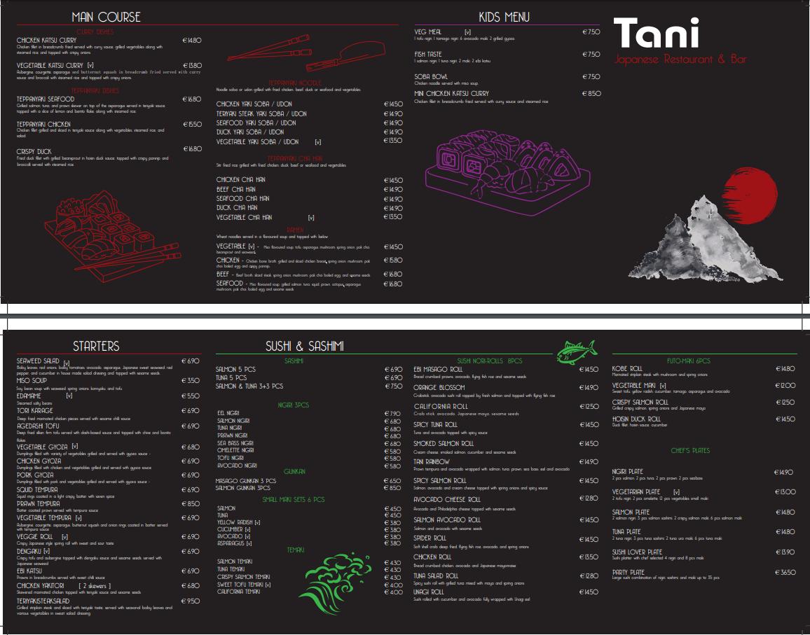 Carta de Tani - Japanese Restaurant & Bar, Naas