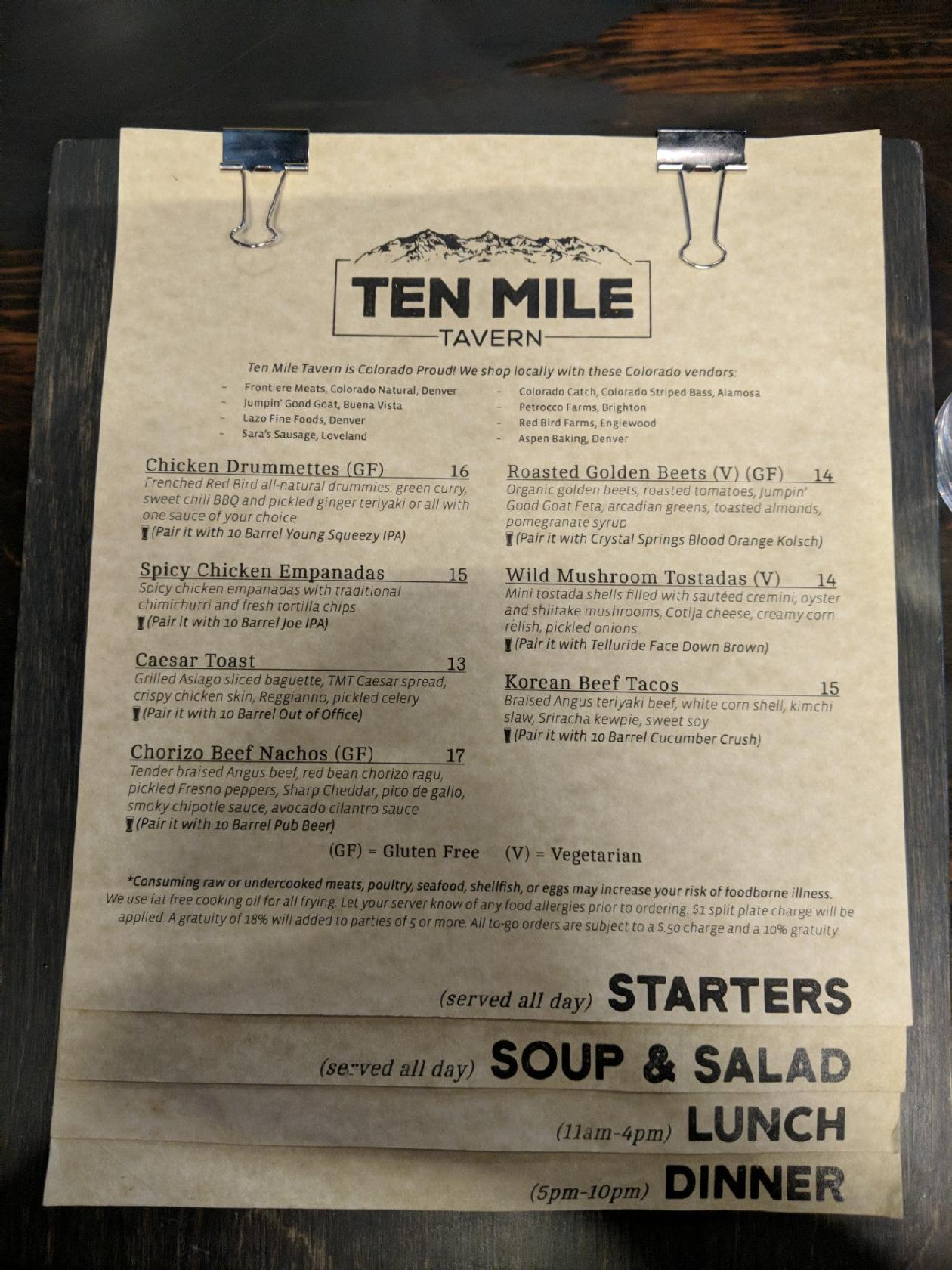 Menu at Ten Mile Tavern pub & bar, Copper Mountain, 209 Ten Mile Cir