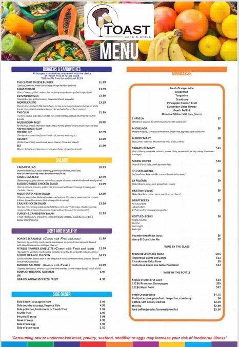 Carta de Toast Cafe & Grill, San Jose, Bird Ave.