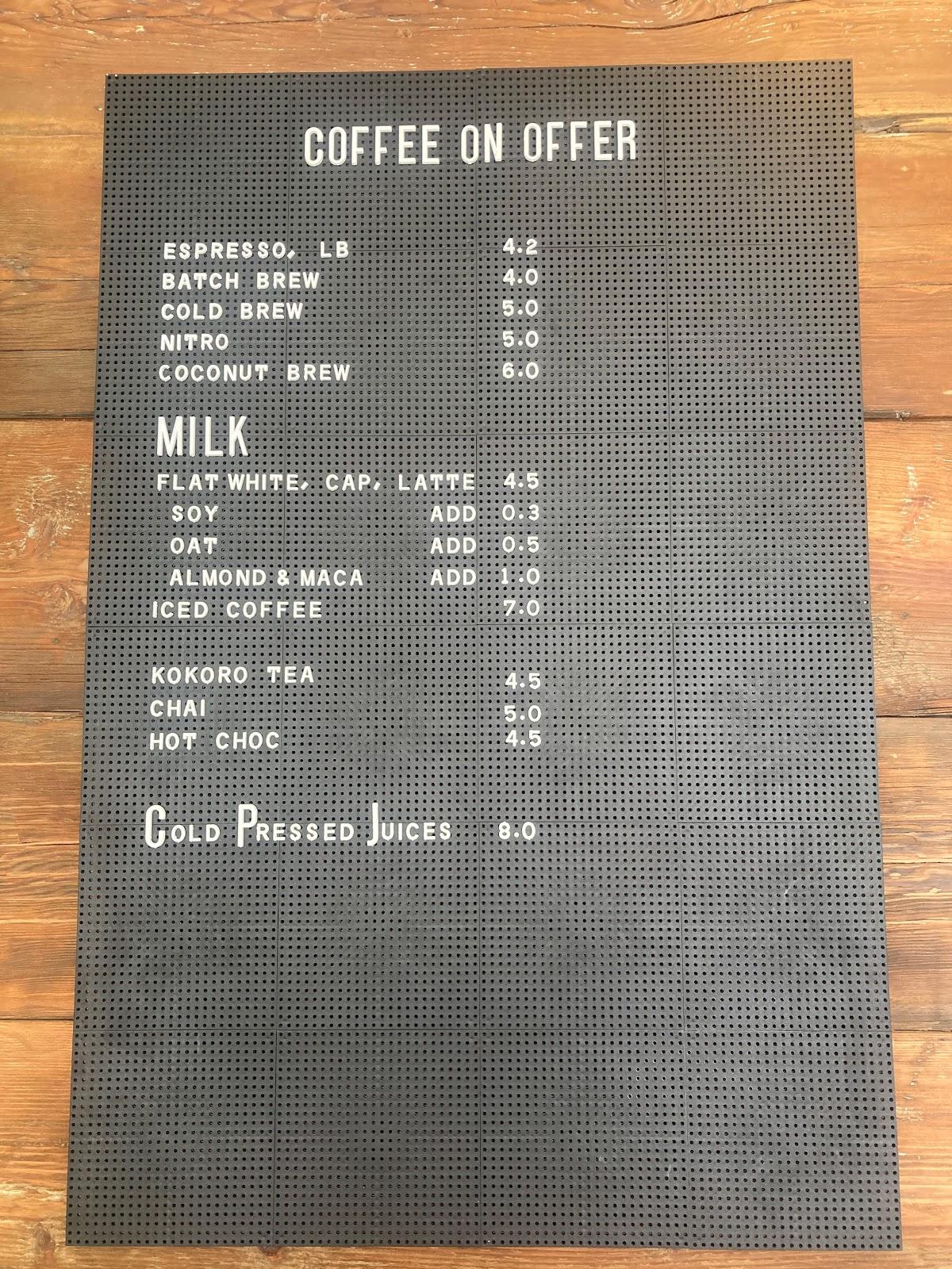 Menu at Wide Open Road Coffee Roasters cafe, Byron Bay