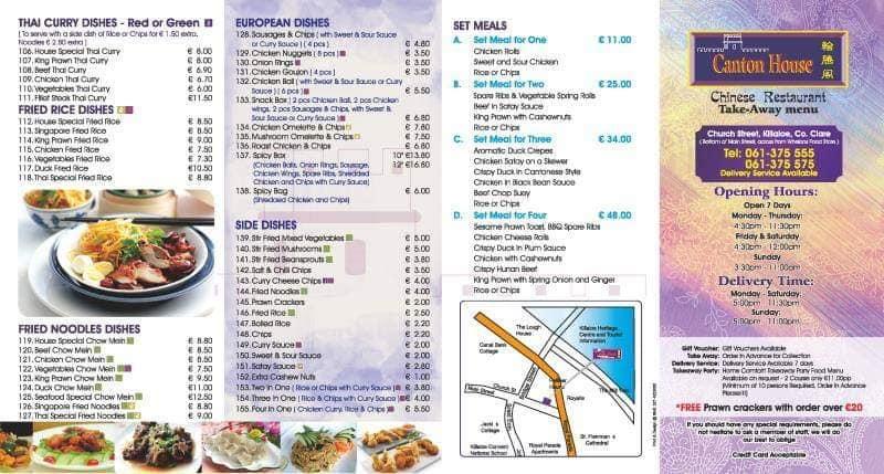 Menu at Canton House restaurant, Killaloe, Royal Parade