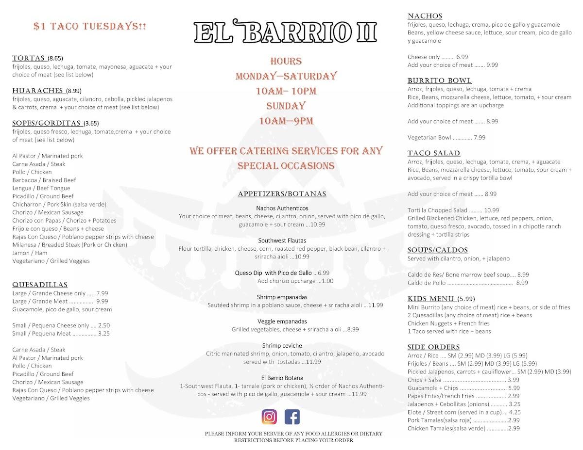 Menu at El Barrio II, Plainfield