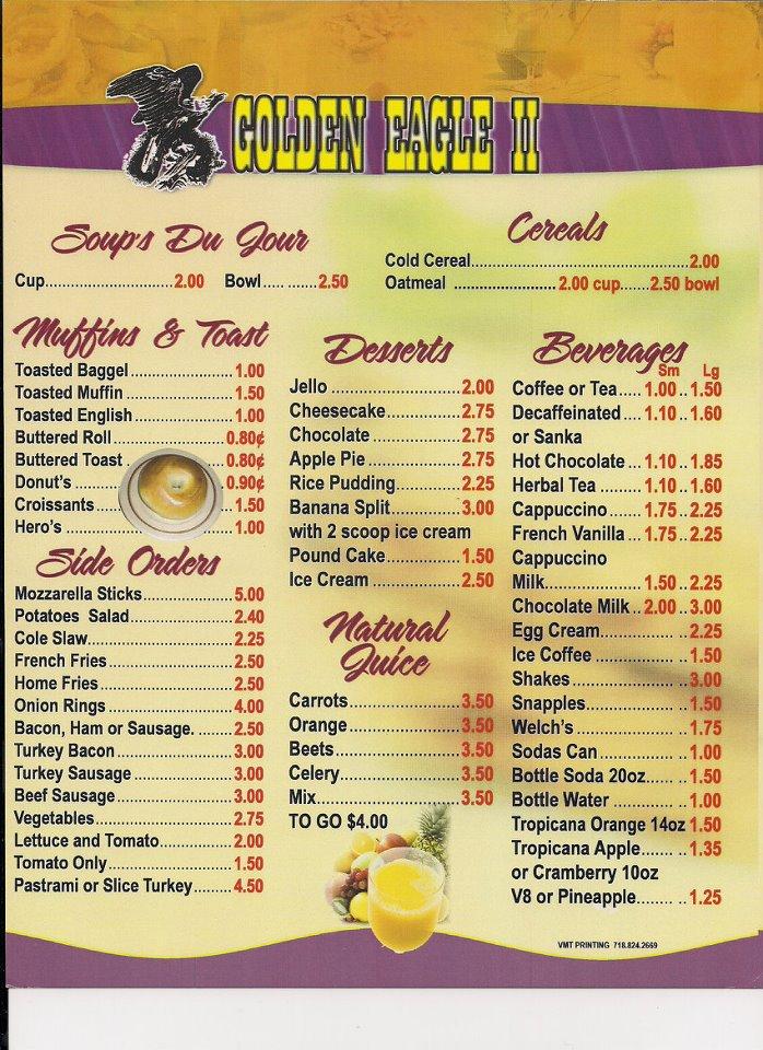 Menu at Golden Eagle II Diner cafe, New York City