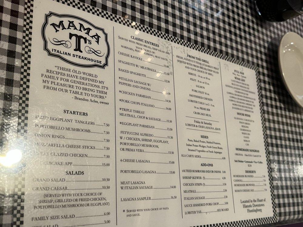 Menu at Mama T's Italian Steakhouse, Huntingburg