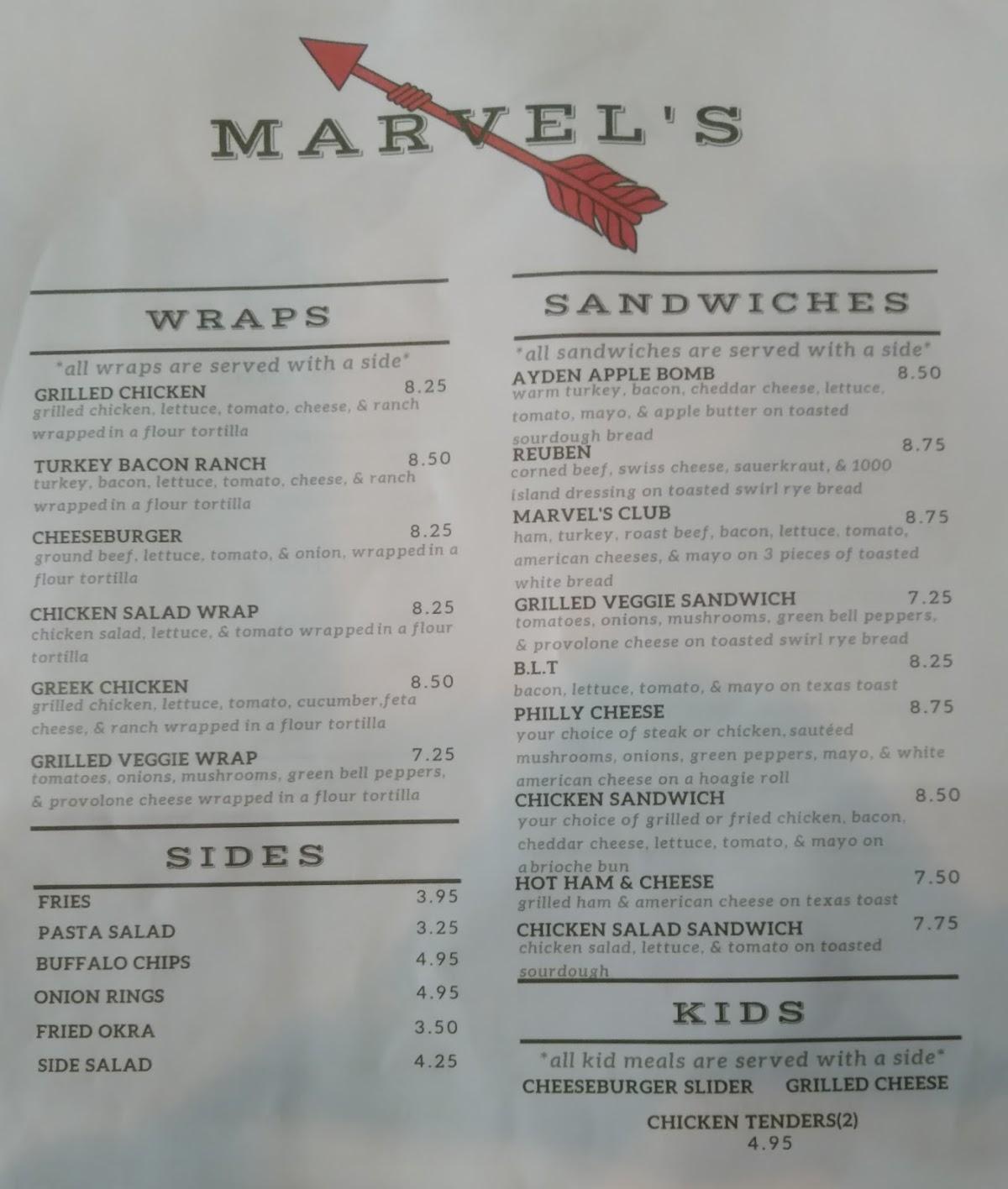 Menu at Marvel's Restaurant, Ayden