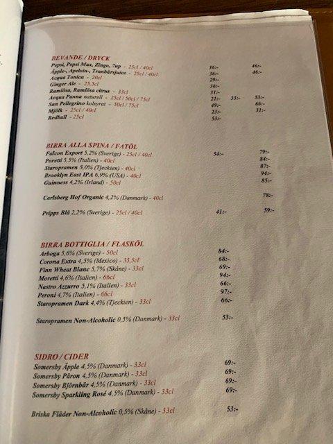 Menu at Piccolo Mondo cafe, Malmö