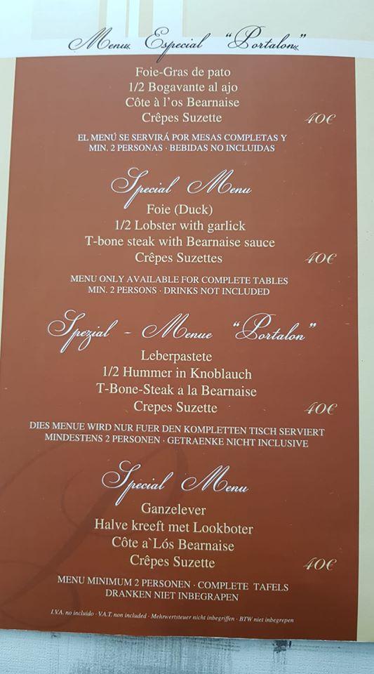 Carta de El Portalón Restaurante, Dehesa de Campoamor