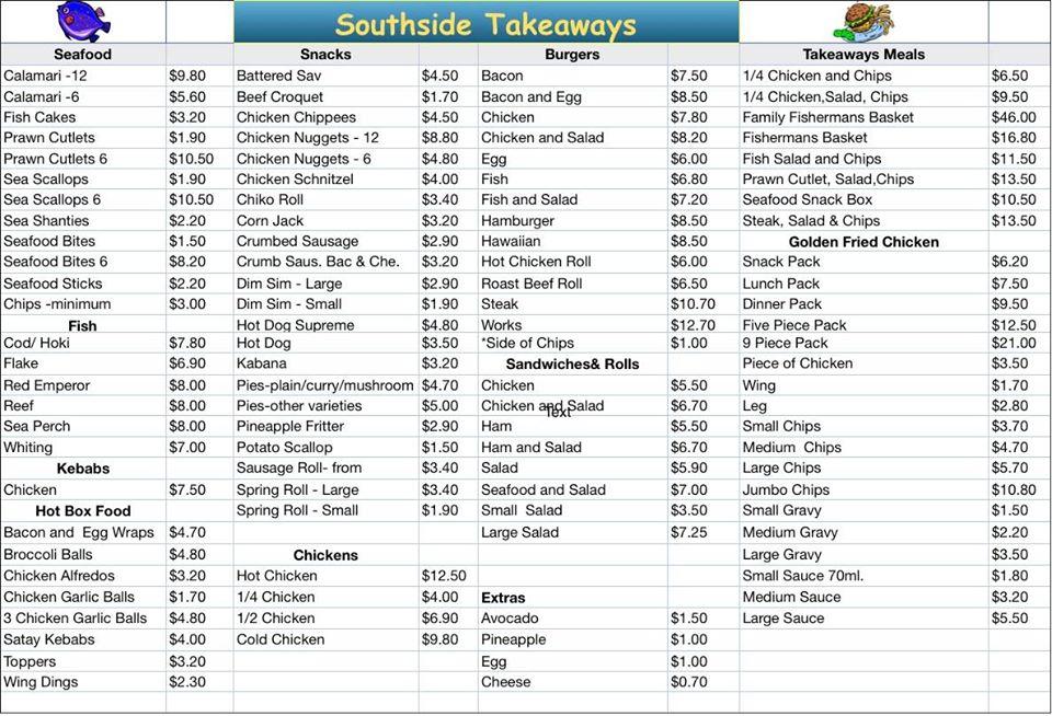 Menu at Southside Takeaways fast food, Gympie