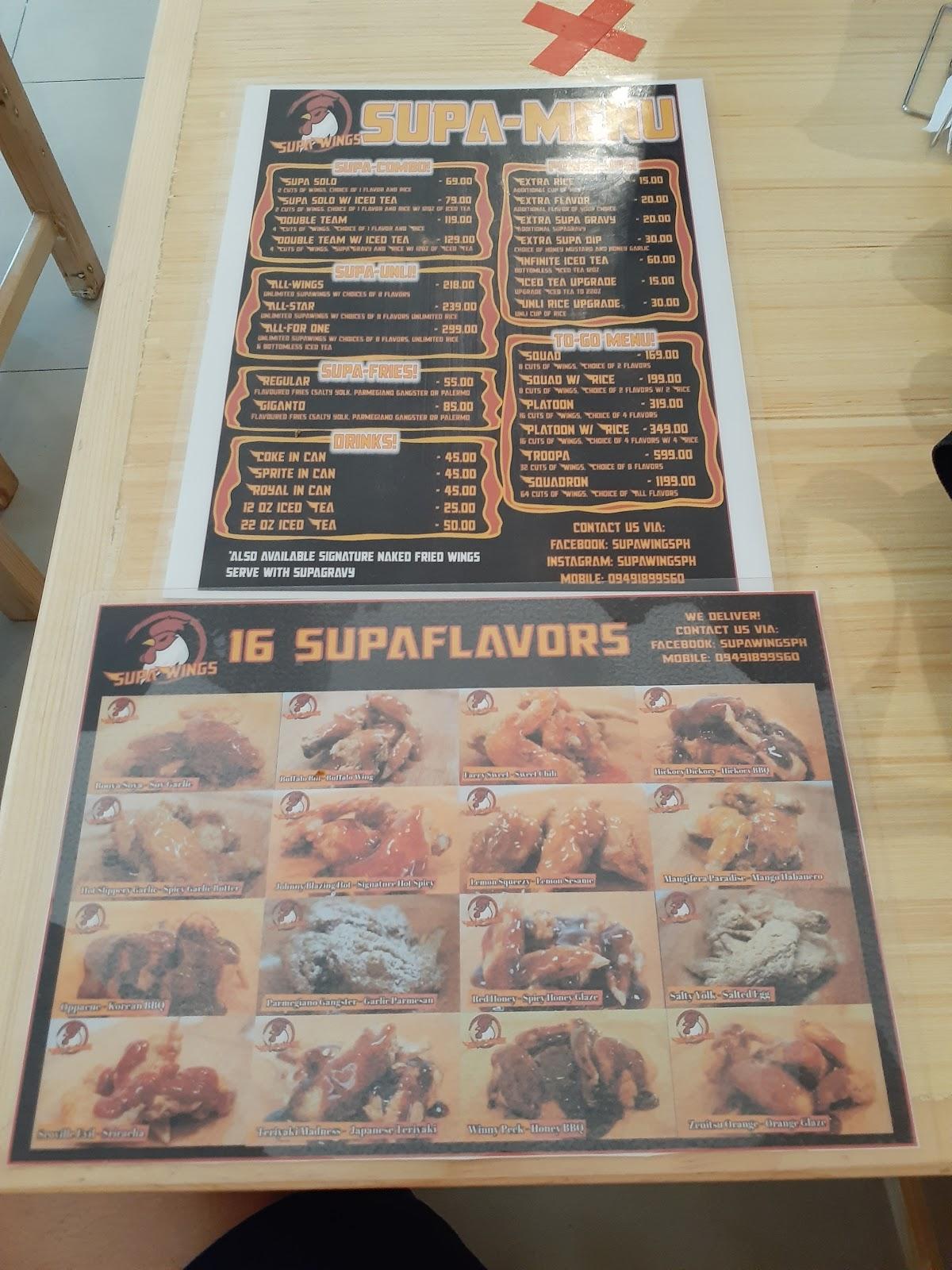 Menu at Supawings restaurant, Calamba